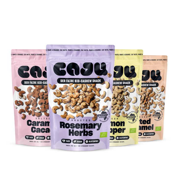 caju Caramel Cacao 8x140g – caju | der faire Cashew Snack